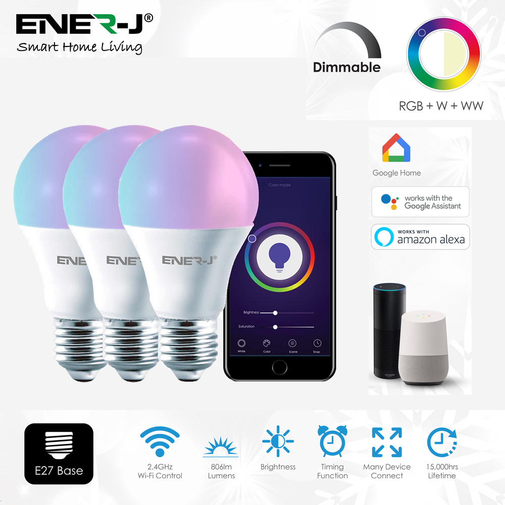 ENER-J Smart WiFi 9W GLS A60 RGB+W+WW LED Lamp - 3 Pack (E27) - Smart ...